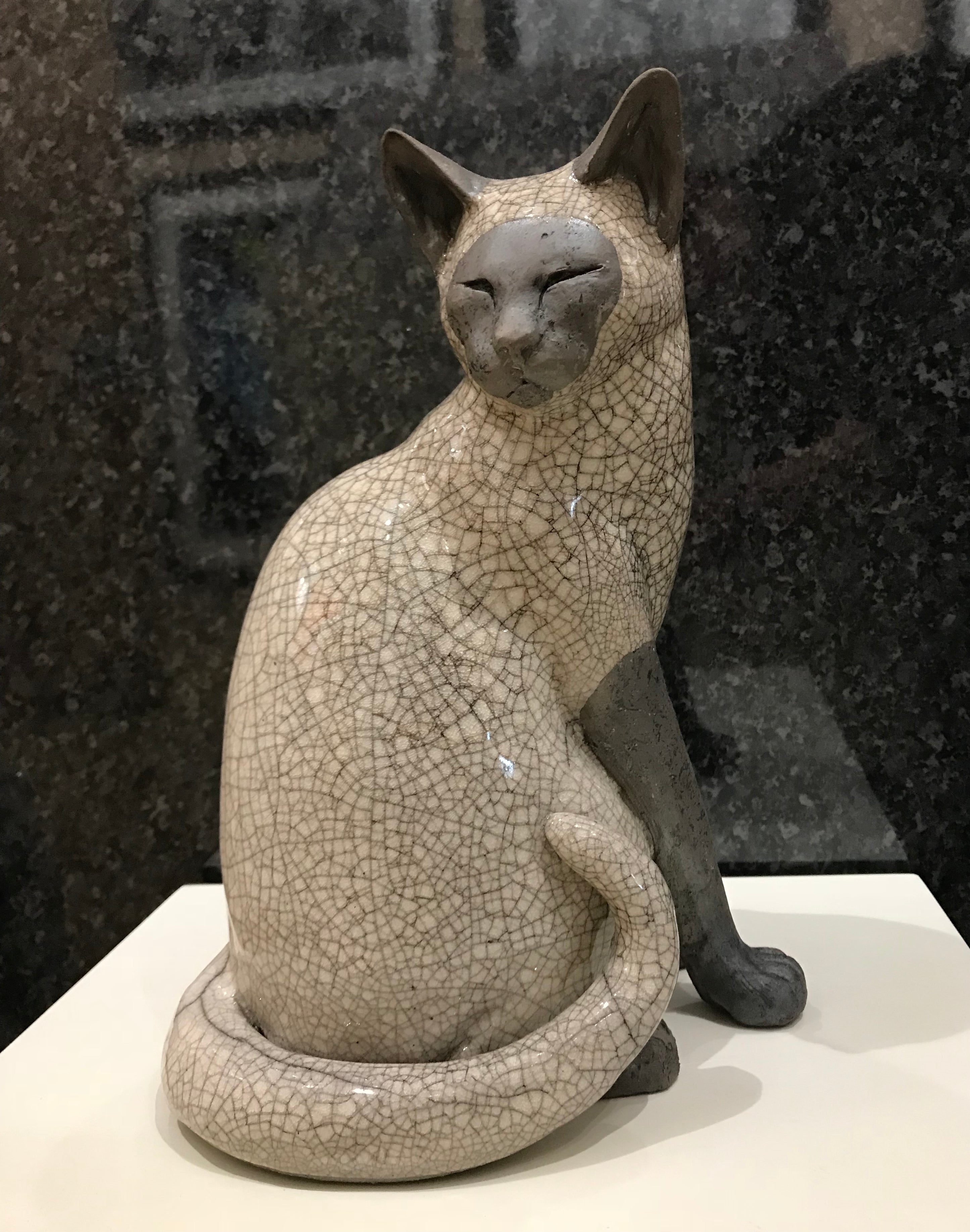 Large Sitting Cat Raku Sculpture by Paul Jenkins - The Acorn Gallery